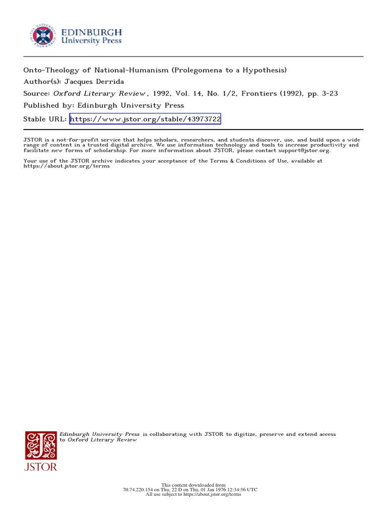 Jacques Derrida, The Ontolo-Theology of National Humanism | PDF | Jacques Derrida | Idiom