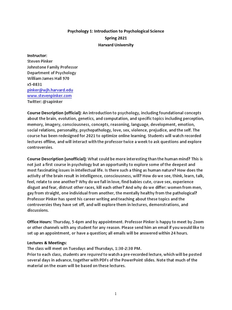 Harvard Psy - 1 Syllabus | PDF | Emotions | Lecture