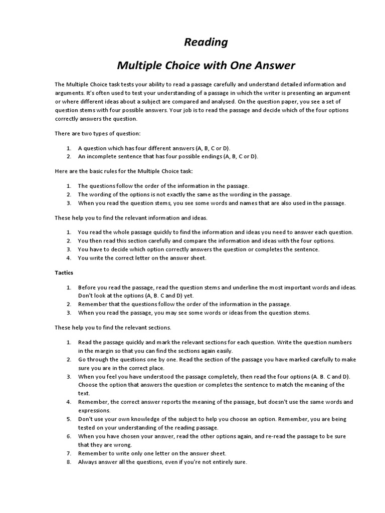 Reading Multiple Choice With One Answer: Tactics | PDF