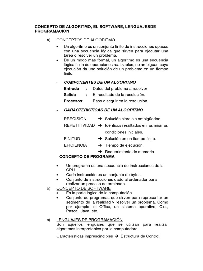 Conceptos básicos de algoritmos, software y lenguajes de programación | PDF | Algoritmos ...
