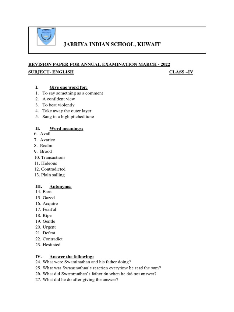 English Revision Paper For Annual Examination, March - 2022 | PDF