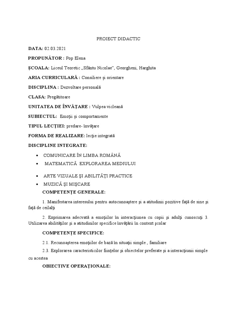 Proiect Didactic DP Emotii Si Comportamente 1 | PDF