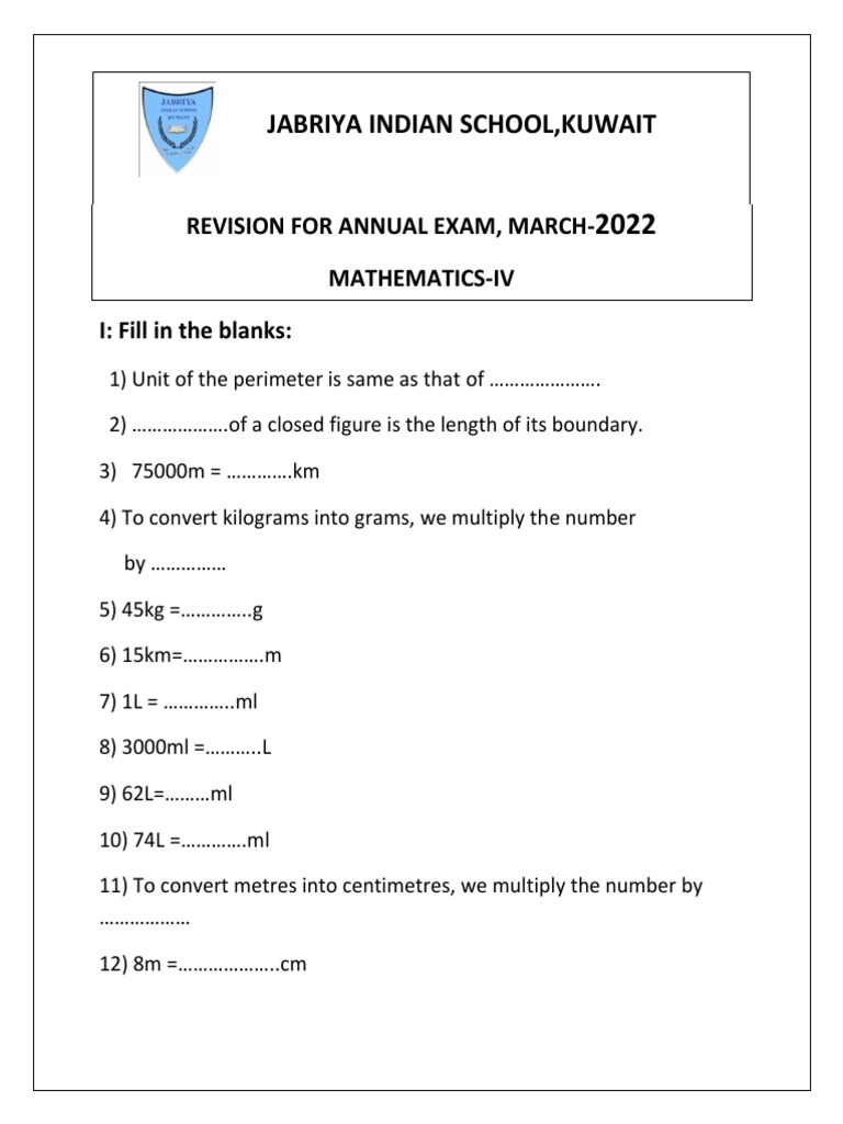 Annual Mathematics Revision Questions | PDF | Litre | Length