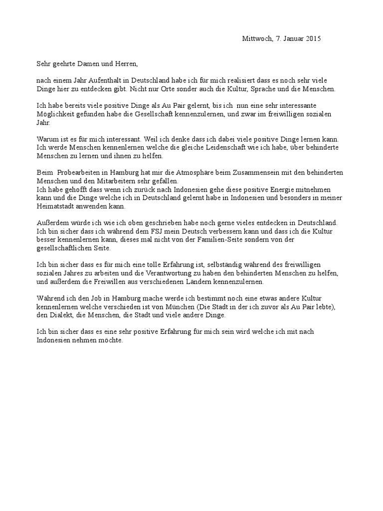 Motivation Letter Untuk FSJ (Bahasa Jerman) | PDF
