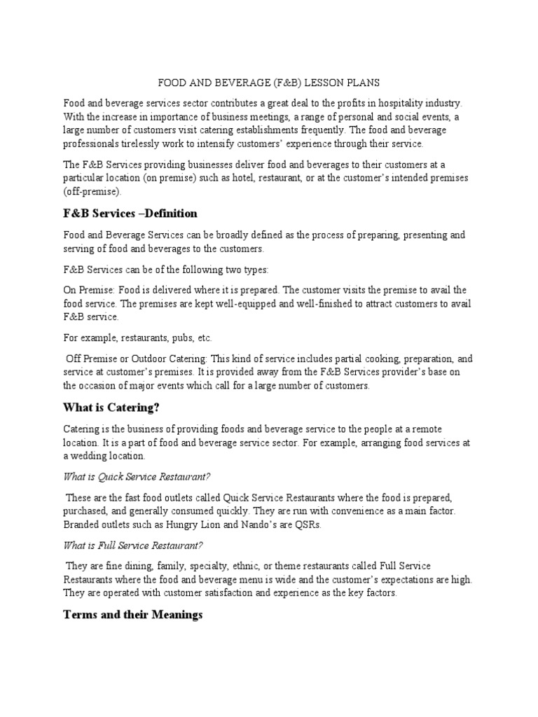 Food and Beverage Lesson Plan | PDF | Spoon | Tableware