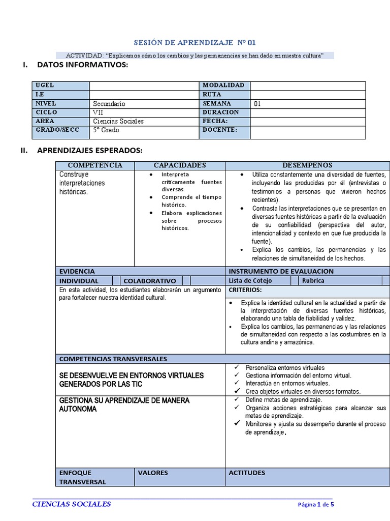 5º Sesion 1 Ccss | PDF | Aprendizaje | Evaluación