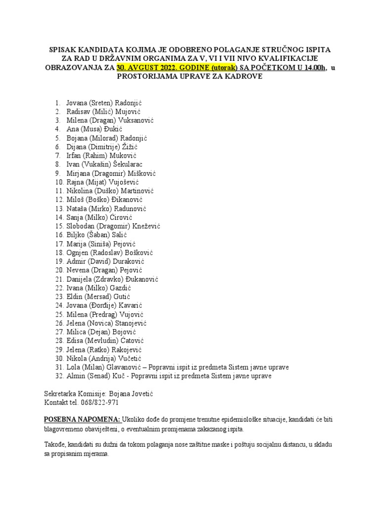 Spisak Kandidata 30 Avgust Vss 1 | PDF