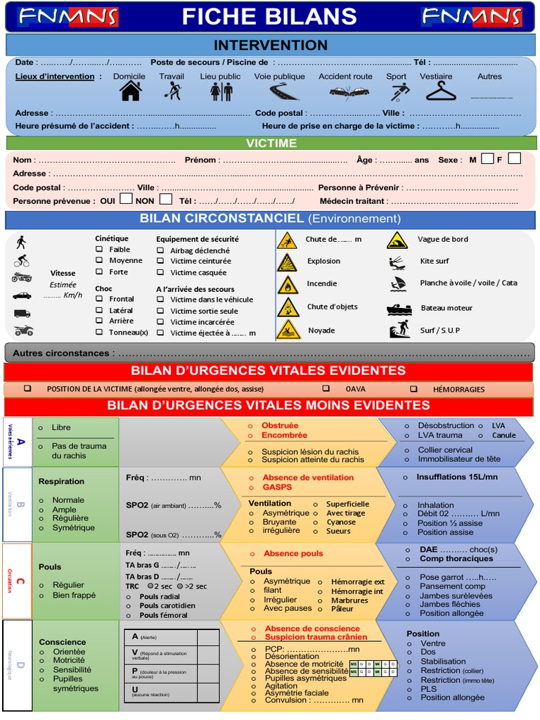 Fiche Bilan Secourisme 2024 | PDF | Pouls | Hôpital