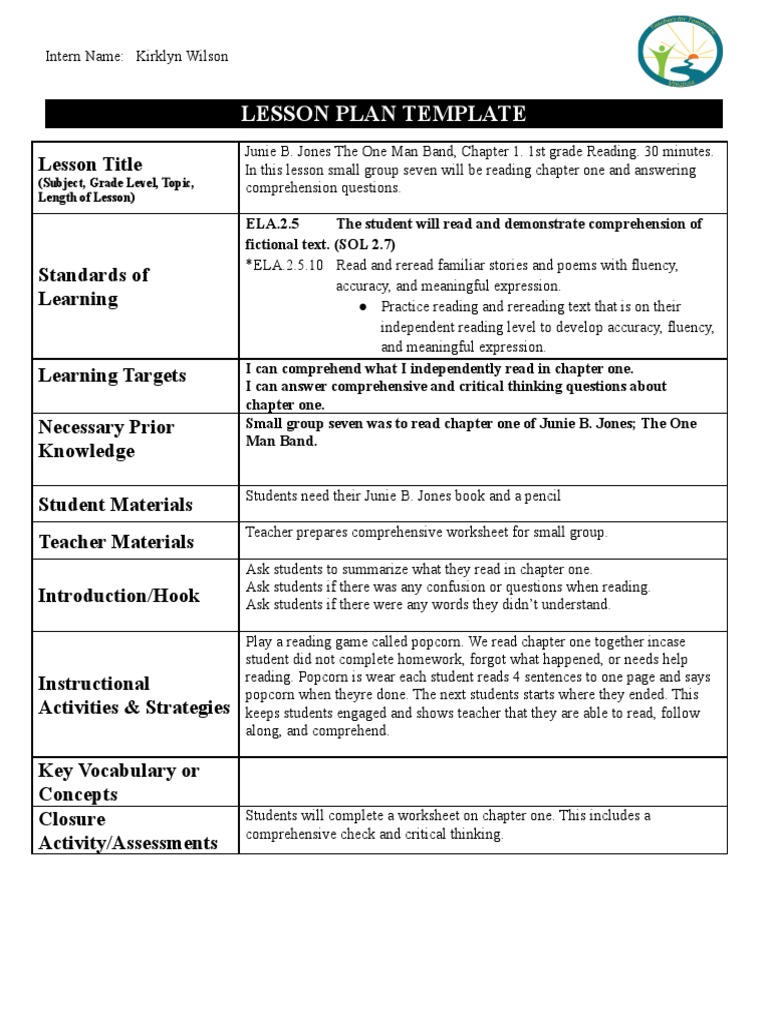 Blank printable lesson plans form