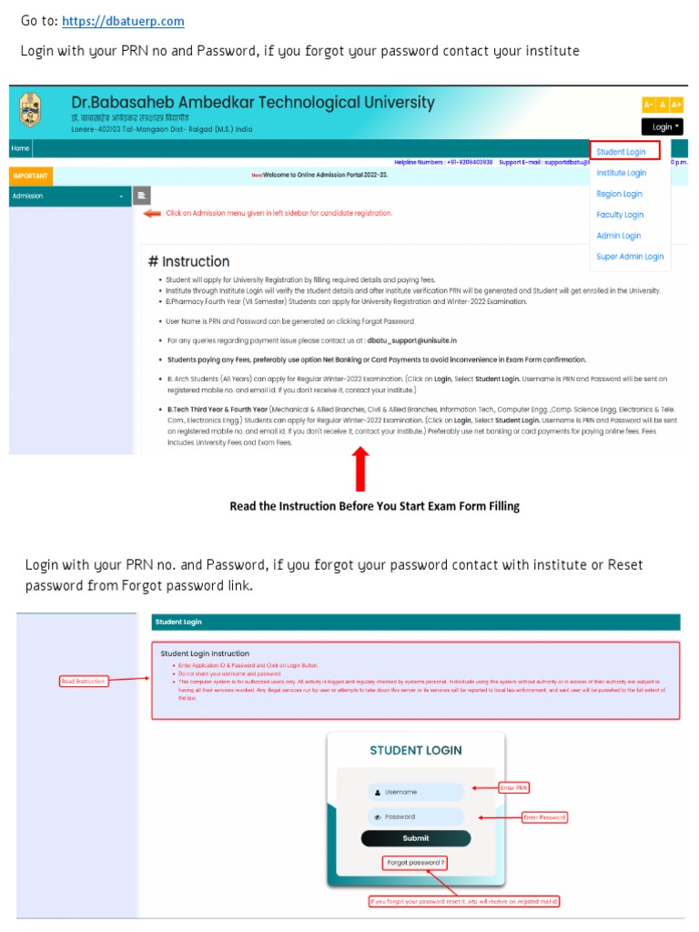 Instructions for Filling Exam Form and Making Payment on the DBATU ERP ...