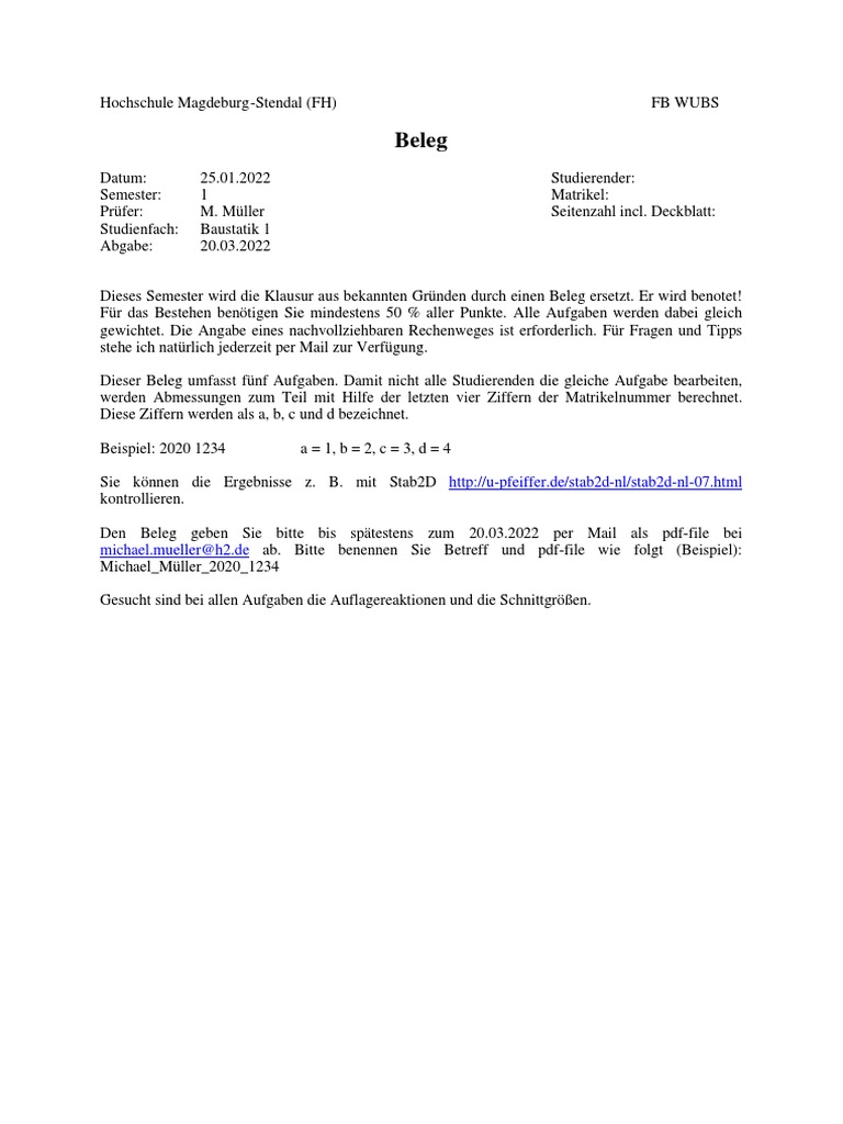 Beleg Statik 1. Semester WS 21-22 25.01.2022 | PDF
