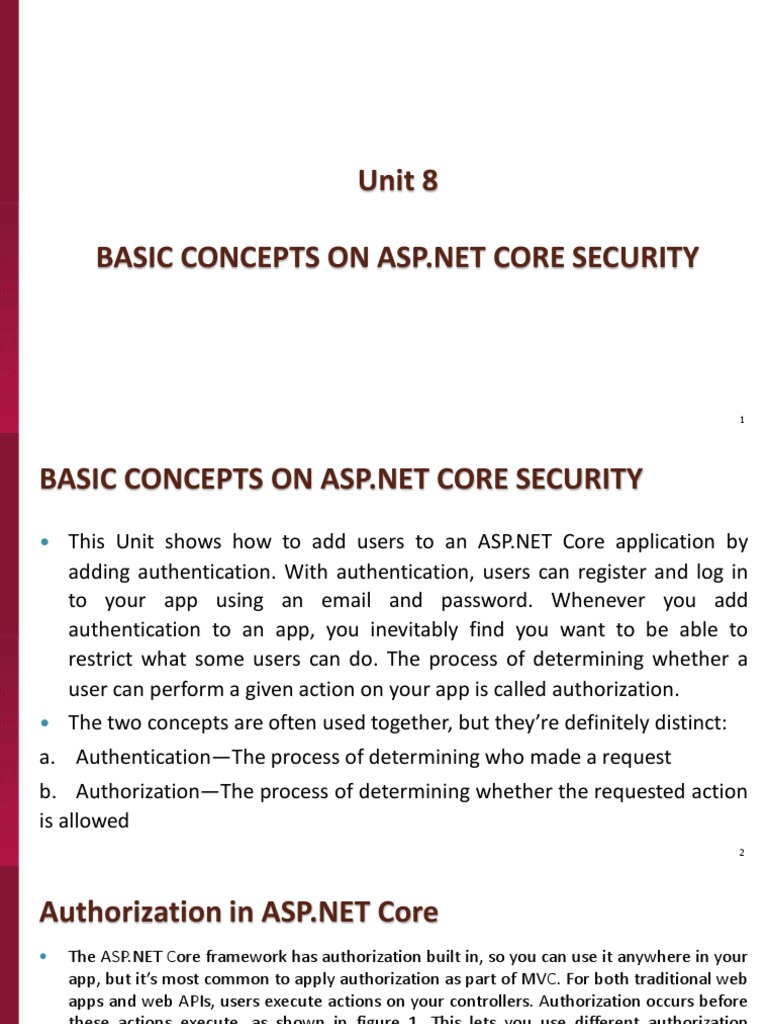Unit 8: Basic Concepts on ASP.NET Core Security and Authentication | PDF | Login | Web Application