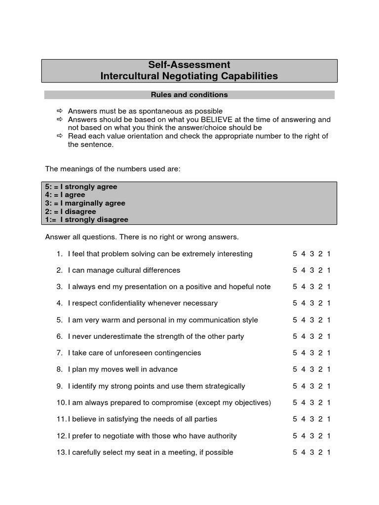 Self-Assessment Intercultural Negotiating Capabilities | PDF Self-Assessment Intercultural Negotiating Capabilities | PDF