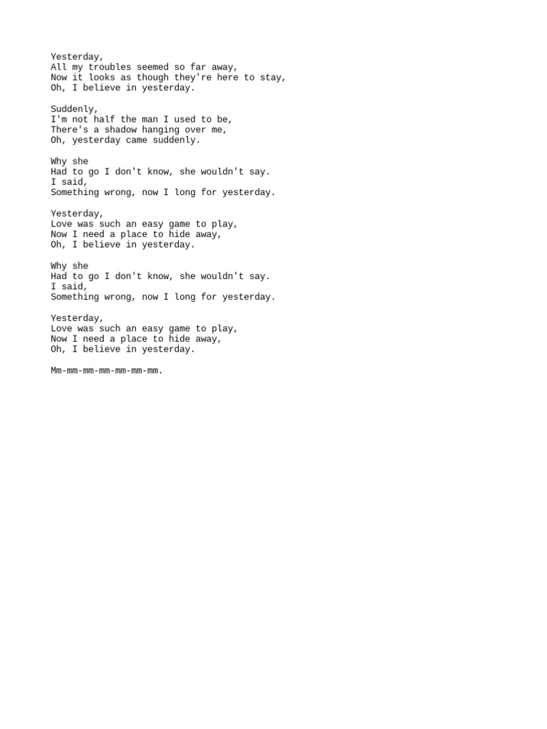 Beatles' "Yesterday" Lyrics Analysis | PDF