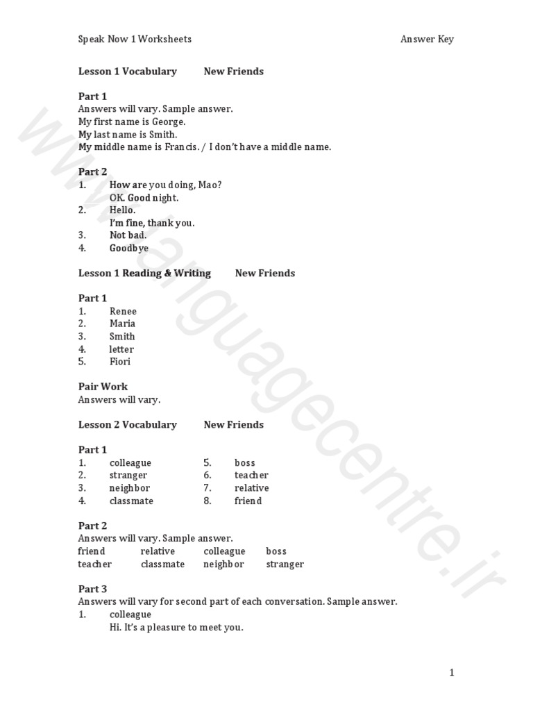 Speak Now 1 - Workbook Answer Key - 767586 | PDF