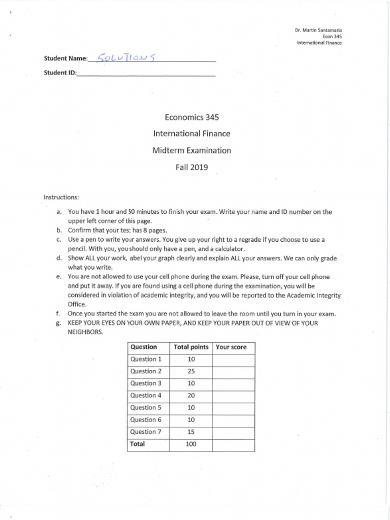 Midterm Econ 345 Fall 19 Solutions | PDF