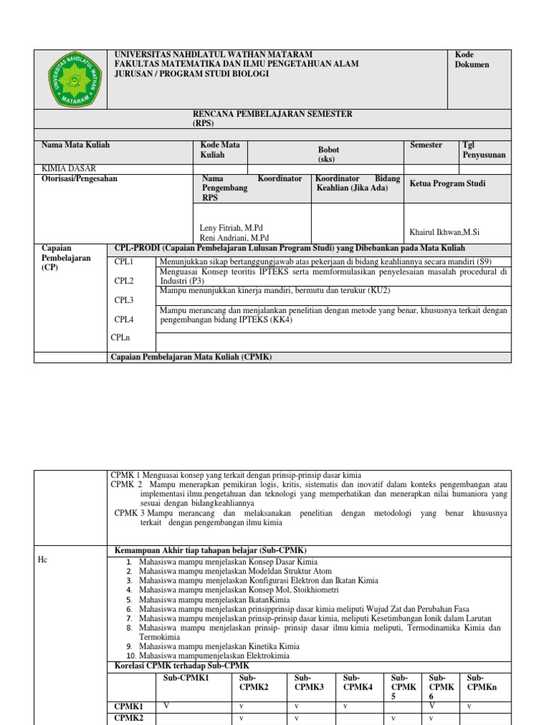 RPS Kimia Dasar | PDF