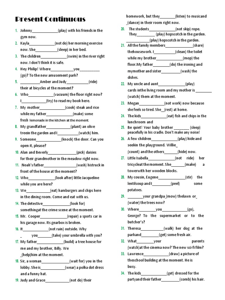 Present Continuous Homework | PDF