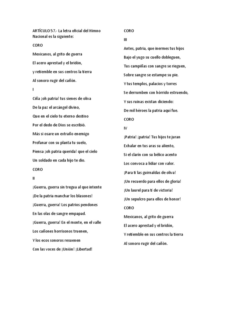 Letra Oficial del Himno Nacional | PDF
