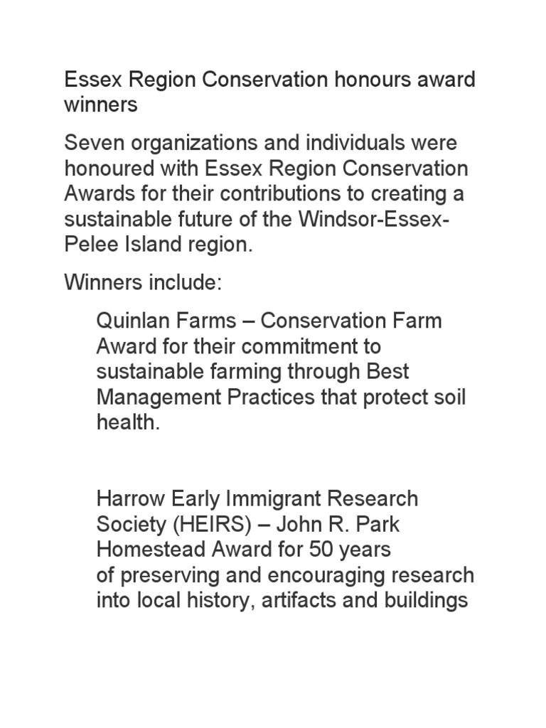Essex Region Conservation Honours Award Winners | PDF