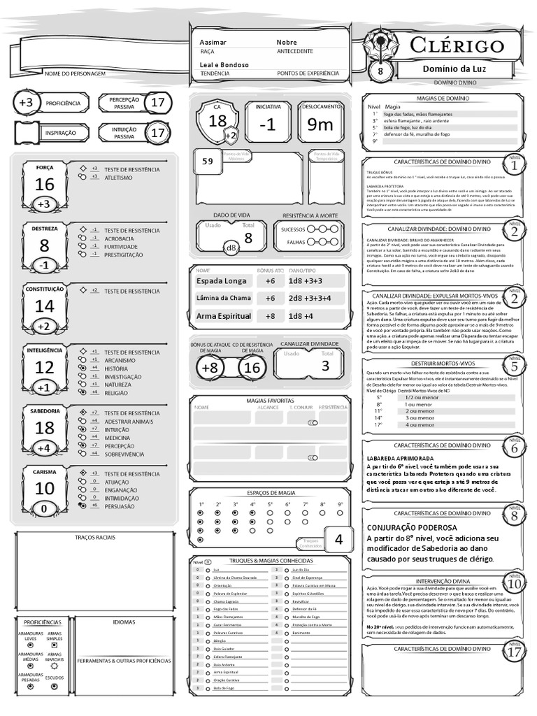 DND 5e - Ficha - Clérigo Da Luz 8 | PDF