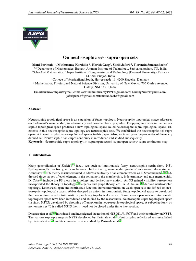 On neutrosophic αψ-supra open sets in neutrosophic topological spaces | PDF | Topology | General ...