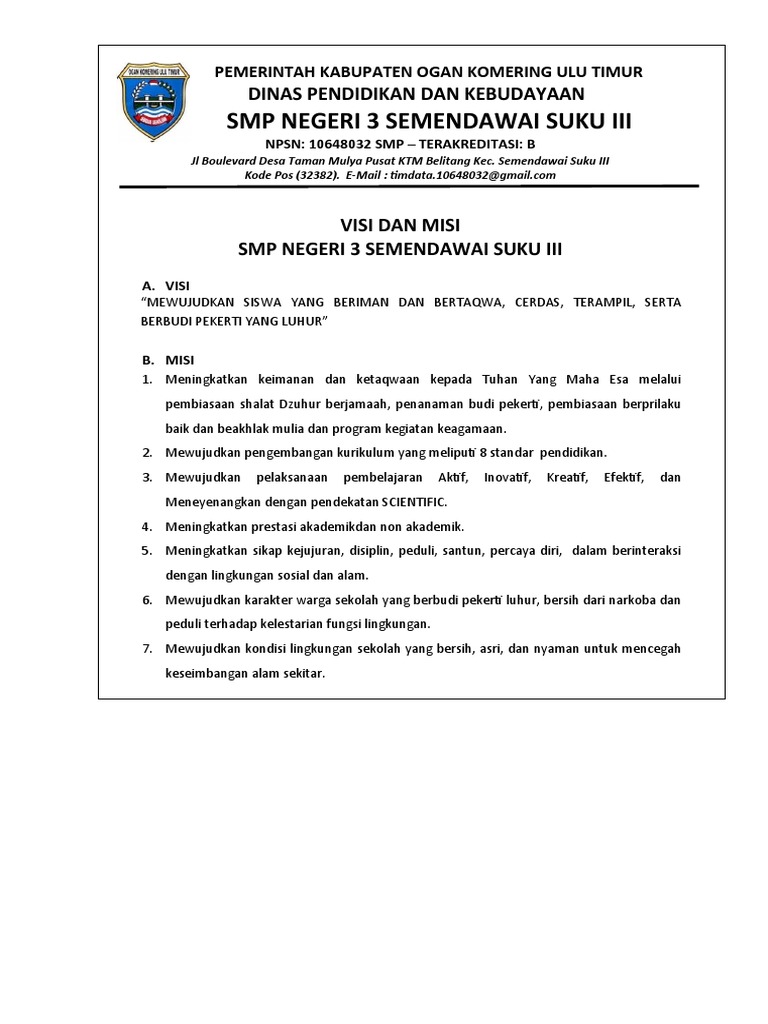 Visi Dan Misi SMPN 3 SS Iii Fix | PDF