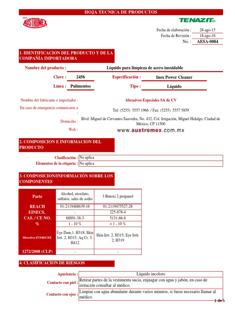 Hoja Seguridad Cve 2456 | PDF | Química | Materiales