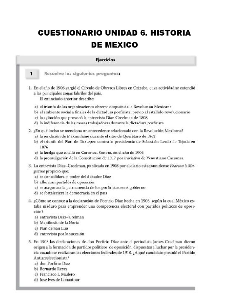 Cuestionario Unidad 6. Historia de Mexico | PDF