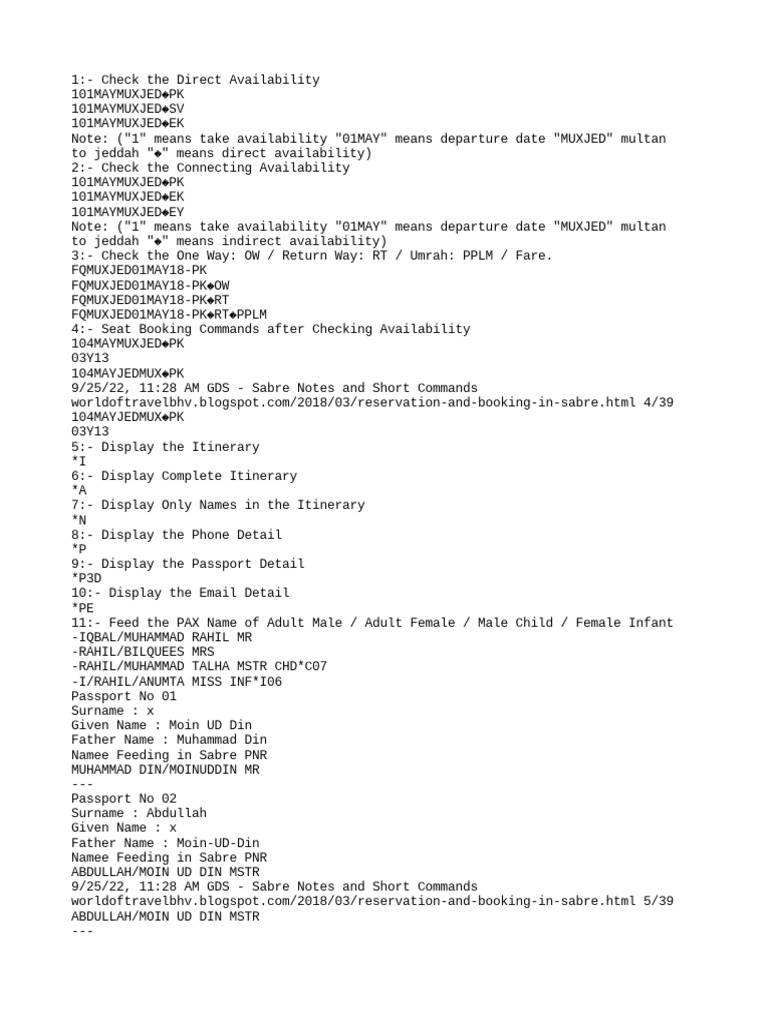Sabre PNR Commands Guide | PDF | Transport Economics | Information Age