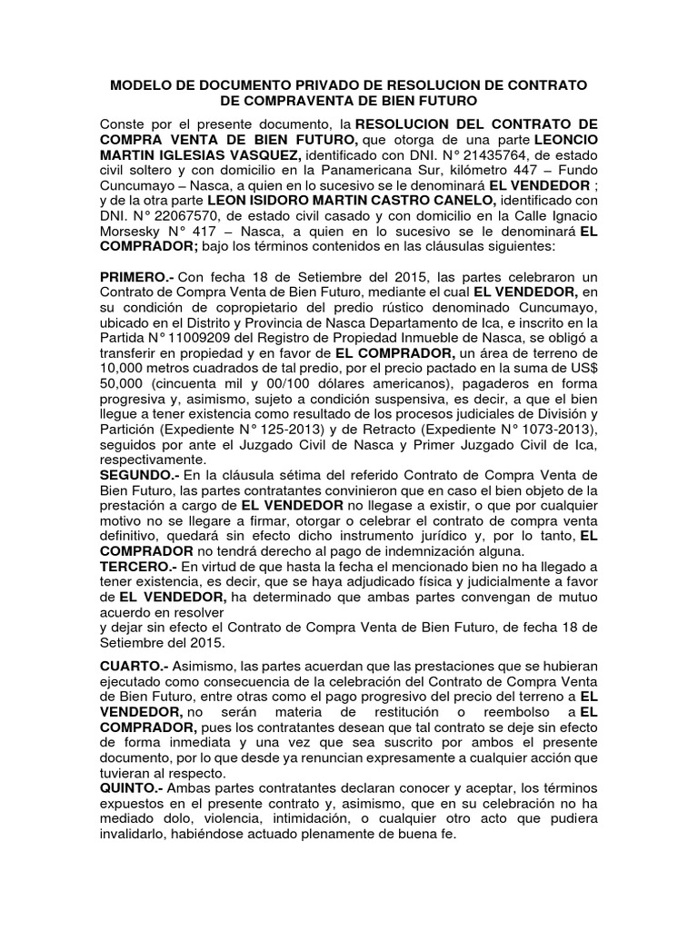 Modelo de Documento Privado de Resolucion de Contrato de Compraventa de Bien Futuro | PDF | Ley ...