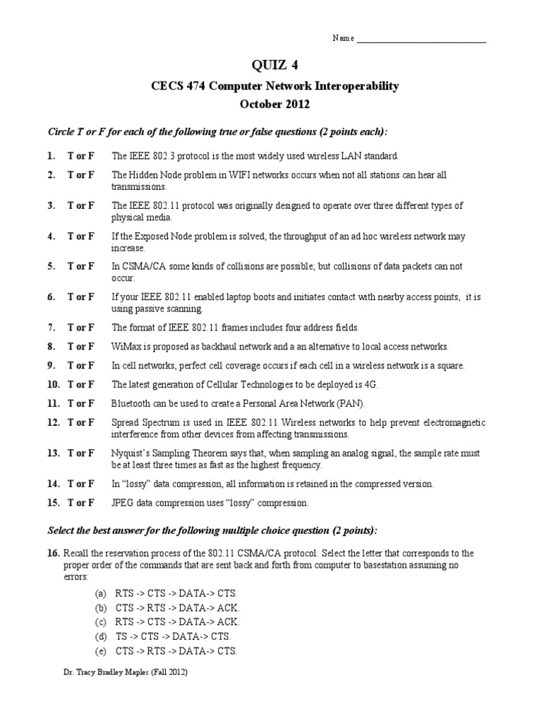 Sample Quiz4 | PDF | Computer Network | Transmission Medium