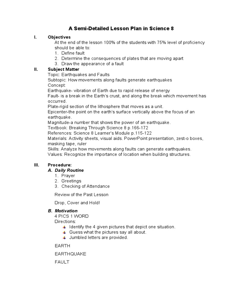 A Semi-Detailed Lesson Plan in Earthquakes and Faults | PDF ... A Semi-Detailed Lesson Plan in Earthquakes and Faults | PDF ...