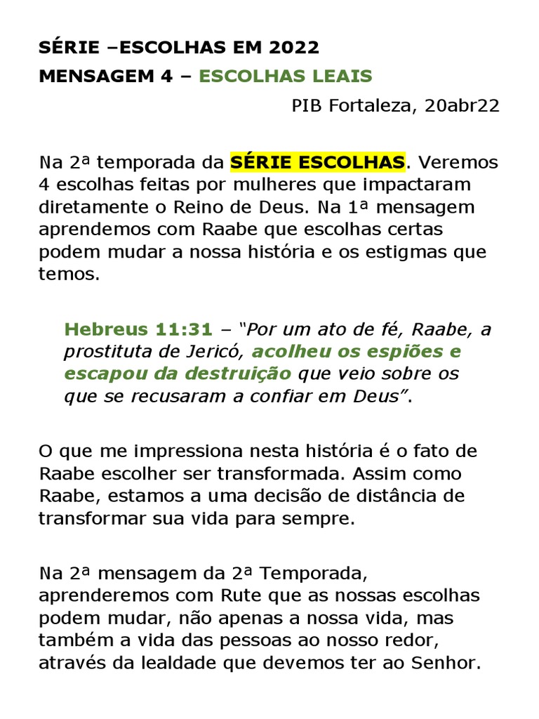 Mensagem 4 - Escolha Ser Leal - 20abr22 Pibfortaleza | PDF | Livro de ...