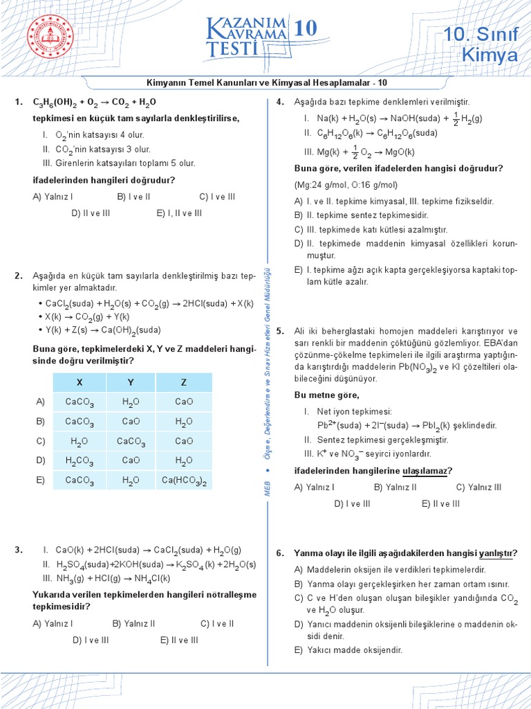 Sınıf 10. Sınıf Kimya Kimya | PDF