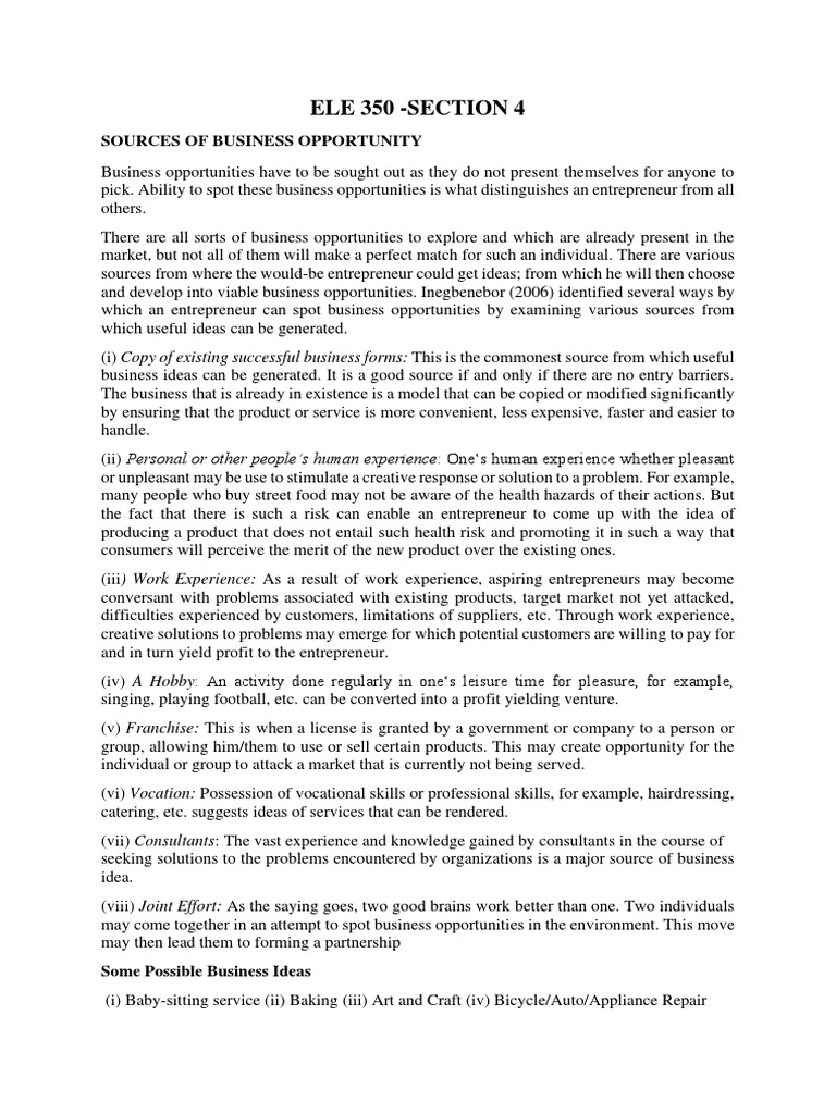 SOURCES OF BUSINESS OPPORTUNITY Ele 350 Note | PDF | Marketing | Survey ...