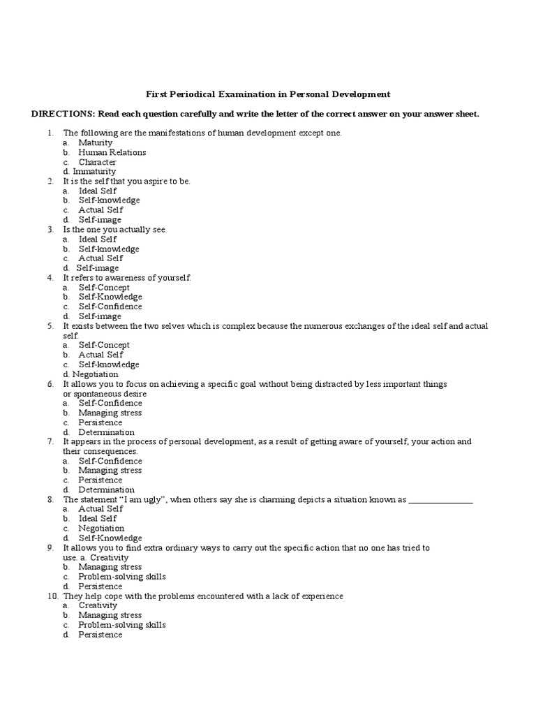 1st Quarterly Exam in Personal Development Sy 2019 2020 Answer Key ...