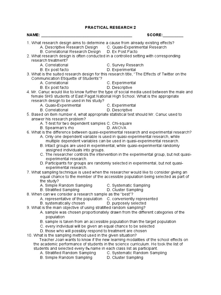 Practical Research 2 - A | PDF | Sampling (Statistics) | Experiment