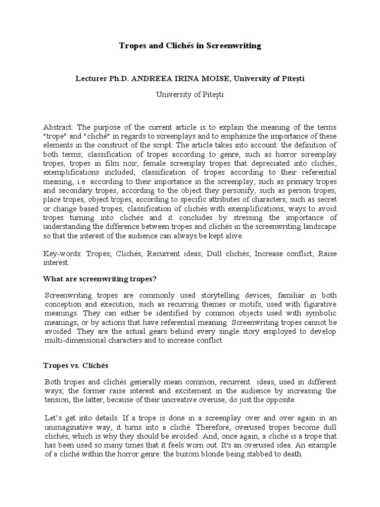 Tropes And Clichés In Screenwriting Andreea Irina Moise Pdf