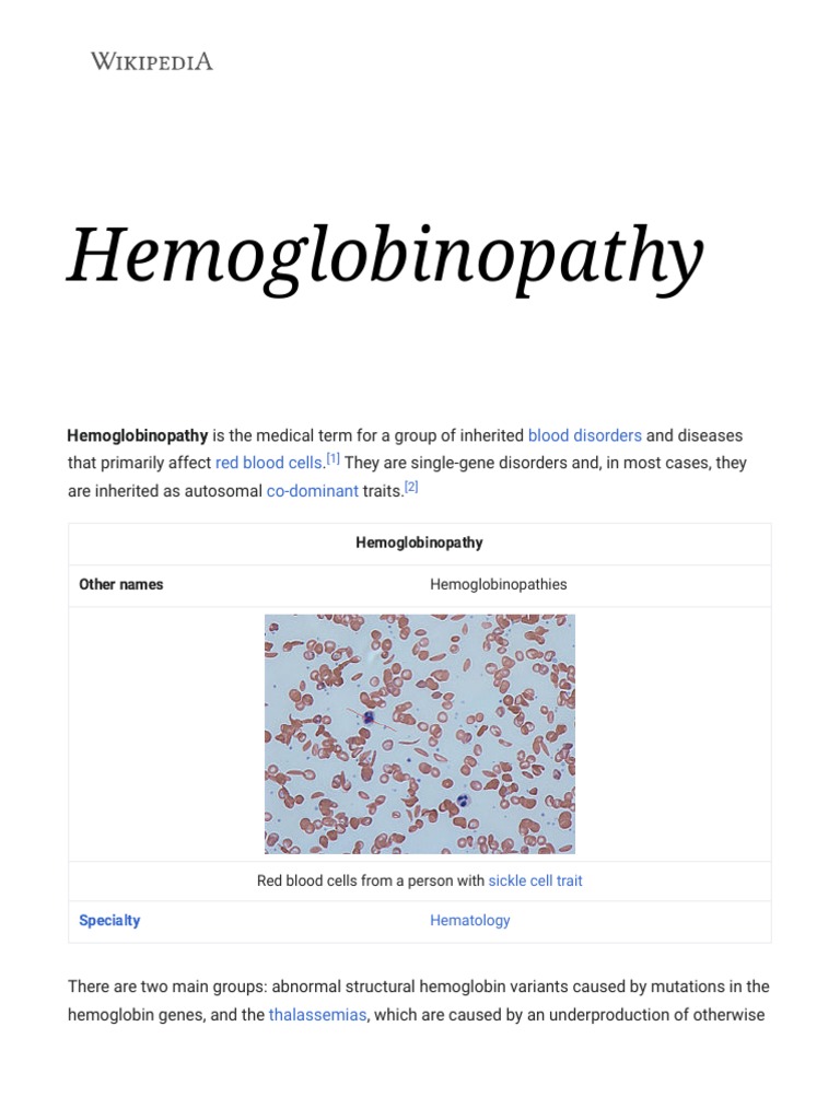 Hemoglobinopathy - Wikipedia | PDF | Hemoglobin | Chemistry