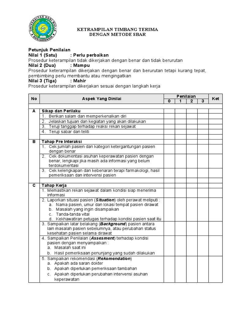 Checklist Ketrampilan Sbar | PDF