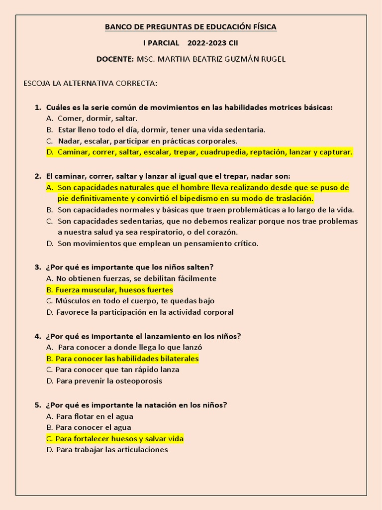 Banco de Preguntas de Educación Física | PDF
