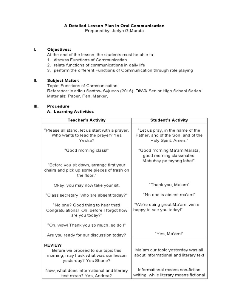 A Detailed Lesson Plan in Oral Communication | PDF | Motivation ...