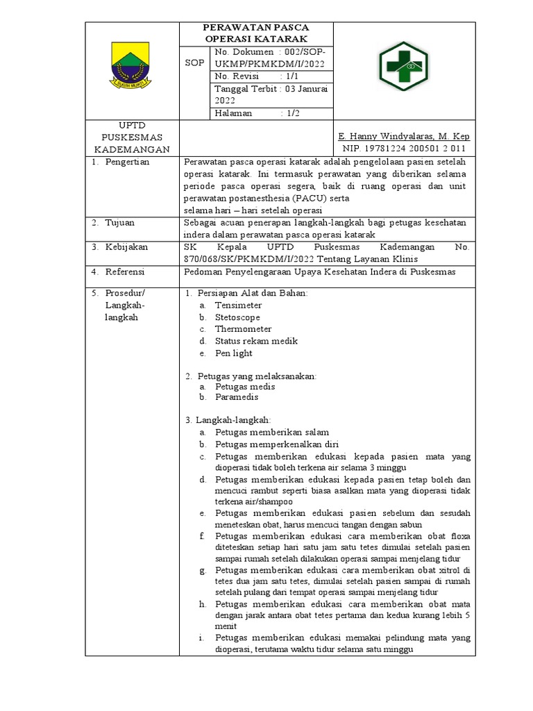 SOP PERAWATAN PASCA OPERASI KATARAKKKK Fix | PDF