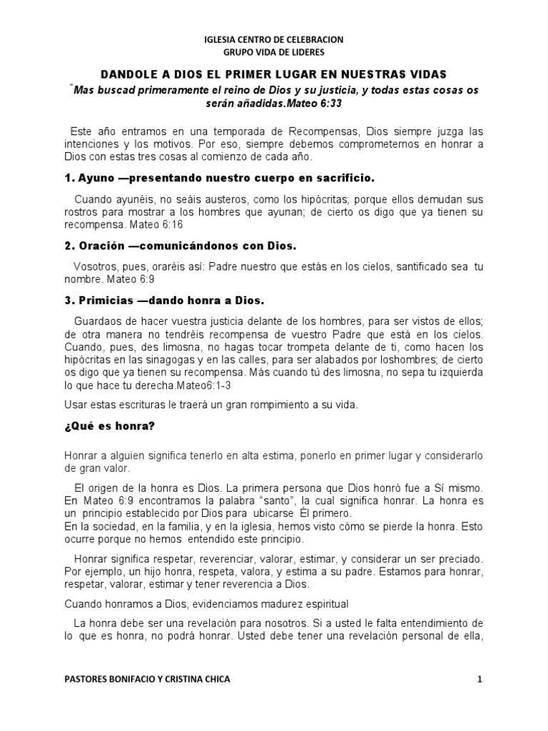 Honrando A Dios Dandole El Primer Lugar en Nuestras Vidas | PDF ...