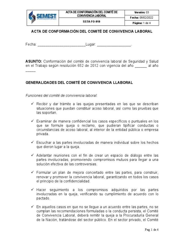 SSTA-FO-010 Acta de Conformación Del Comité de Convivencia Laboral V3 | Descargar gratis PDF ...