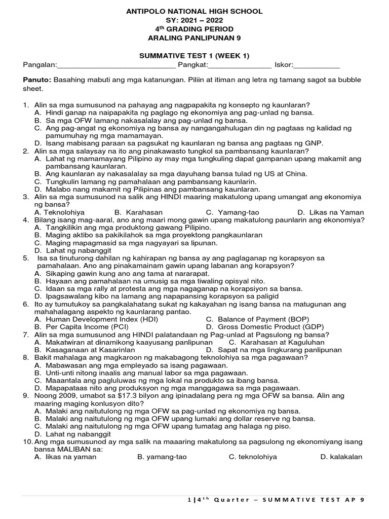 Ap 9-Quarter 4-Summative Test | PDF