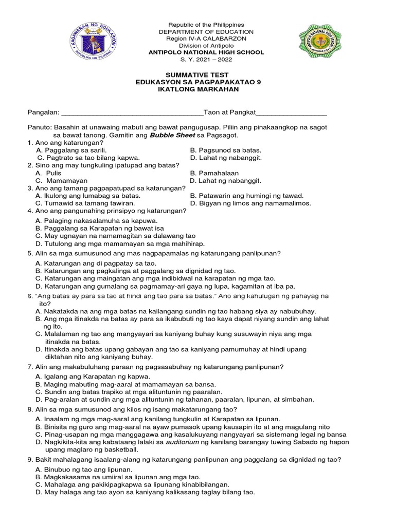 G9 3RD Quarter Summative Test Esp | PDF