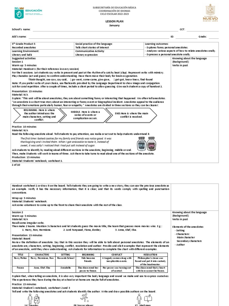 5th Grade Lesson Plan Product 5 January | PDF | Grammatical Tense ...