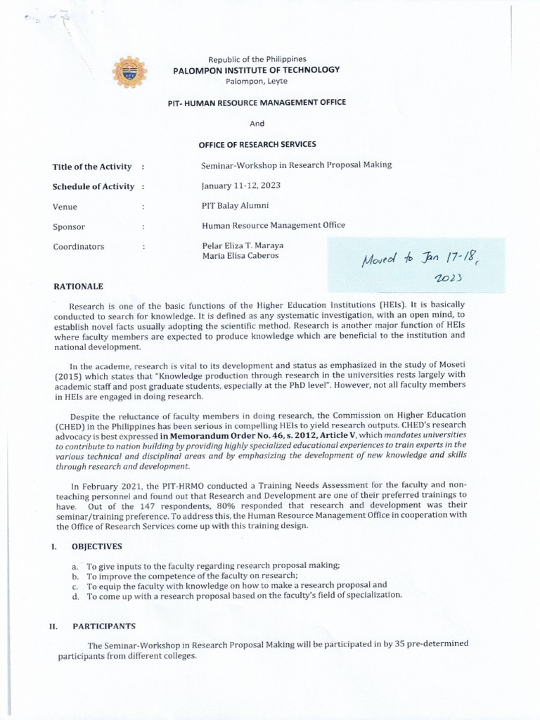 Activity Proposal Seminar Workshop in Research Proposal Making | PDF